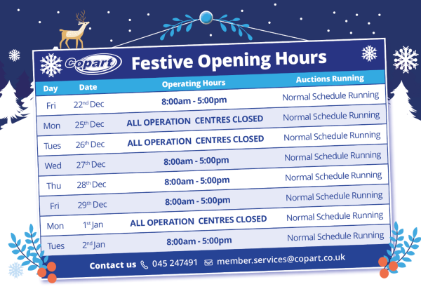 Information on Our Festive Opening Hours | Copart IE